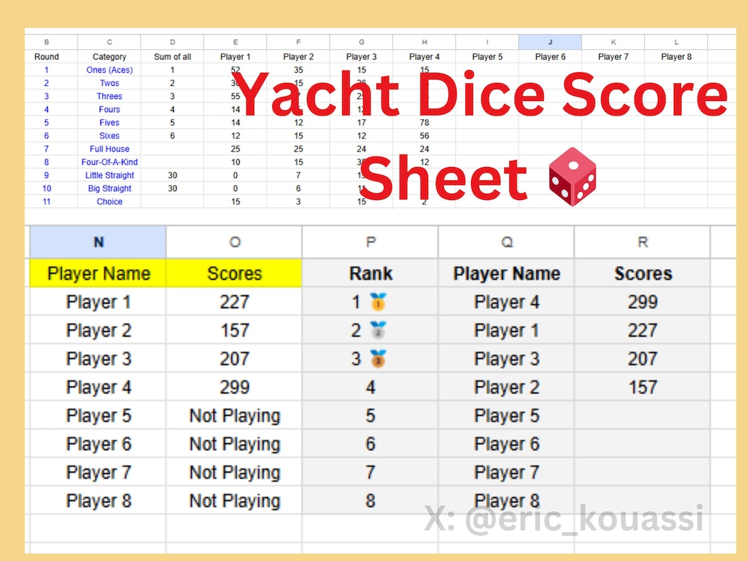 Yahtzee Dice Score Sheet | Yacht Dice Score Sheet | Calculator | 2 Dice Score Sheets Calculator ...