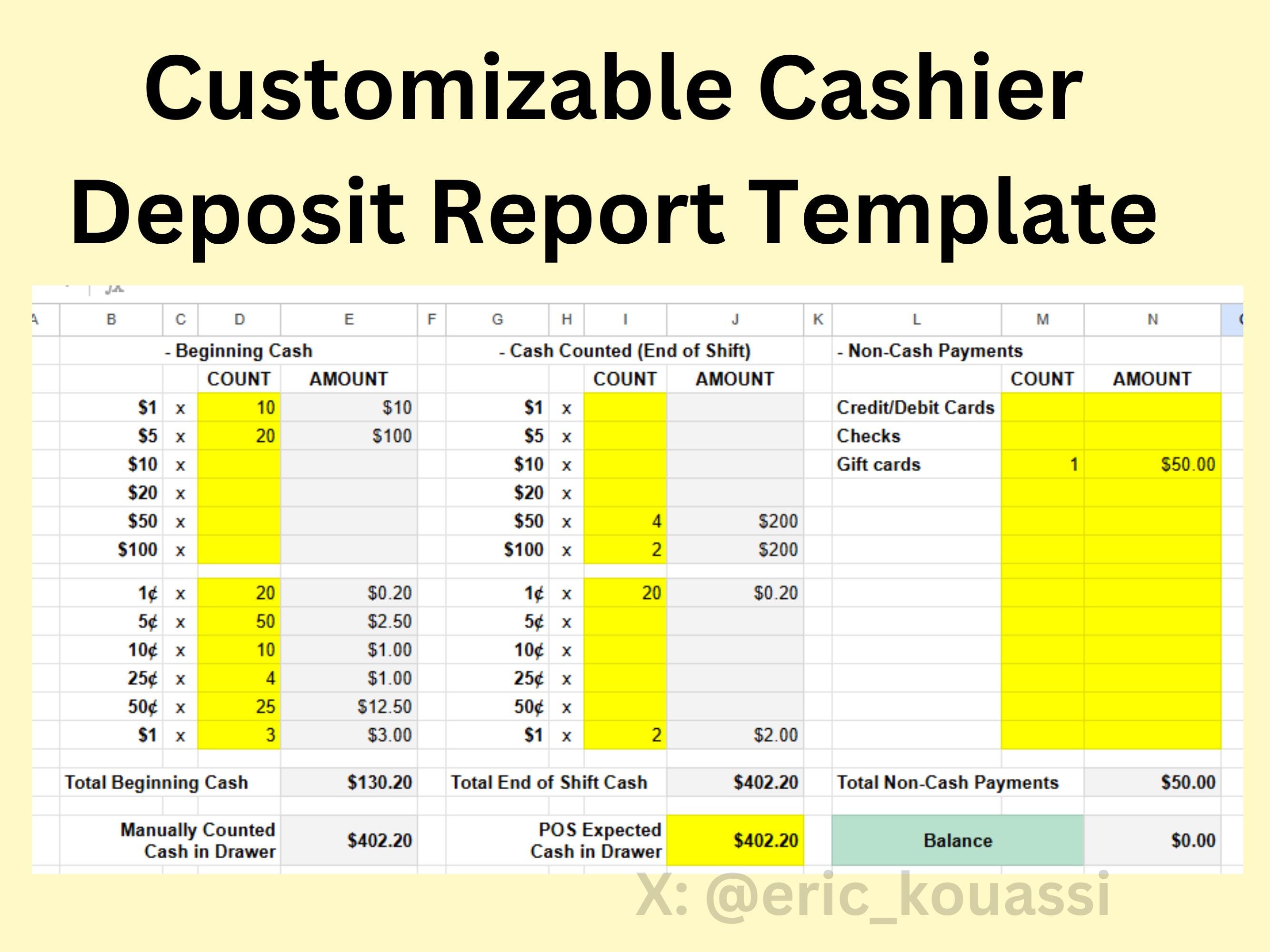 Customizable Cashier Deposit Report Template - Google Sheet & PDF - Etsy