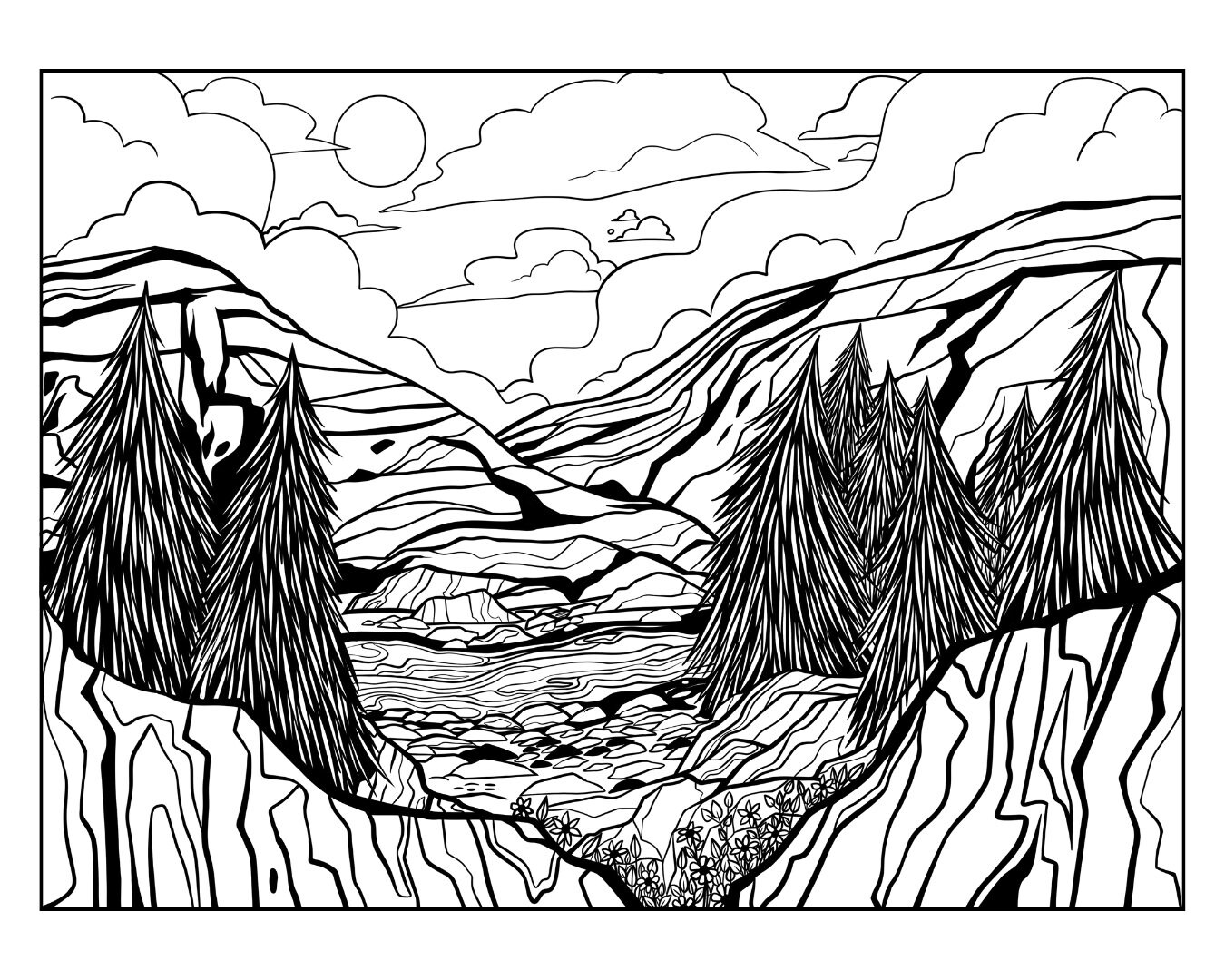 Printable Mountain Landscape Coloring Page for Kids, Teens, Adults, and ...