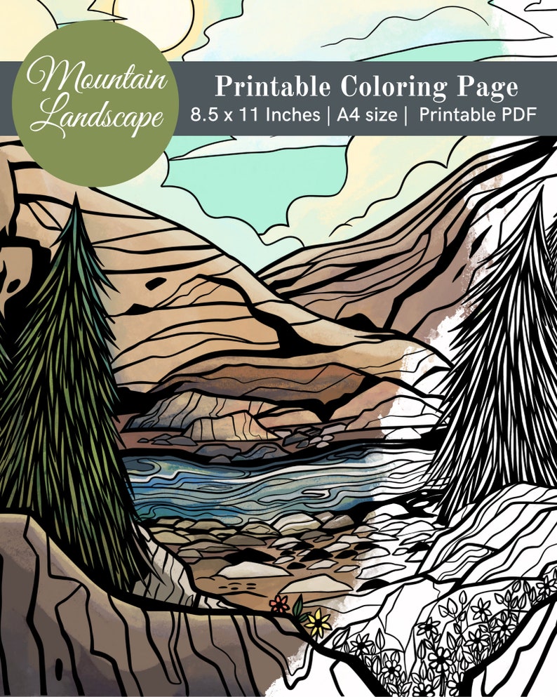 Printable Mountain Landscape Coloring Page for Kids, Teens, Adults, and ...