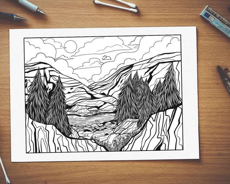 Printable Mountain Landscape Coloring Page for Kids, Teens, Adults, and ...