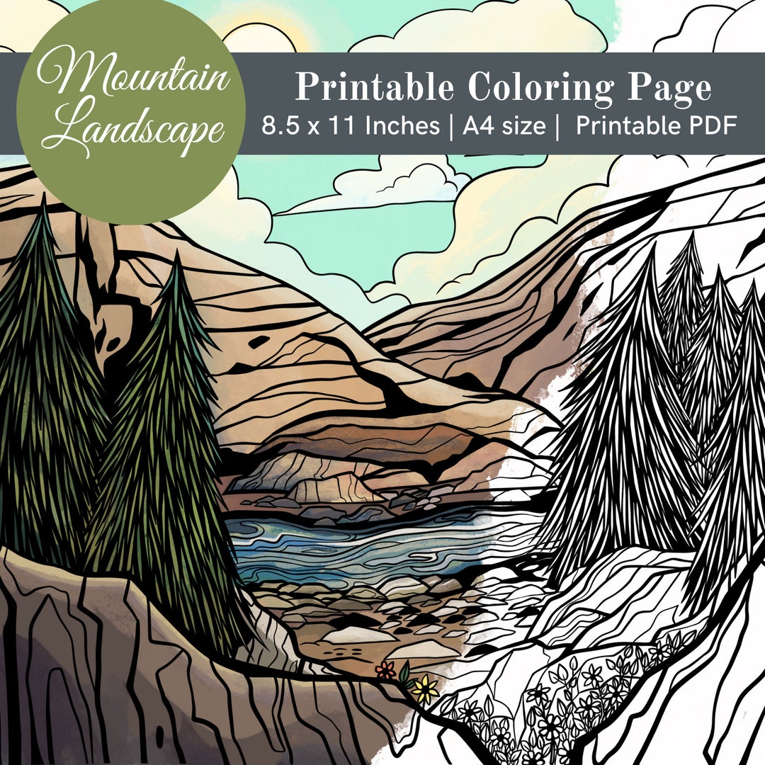 Printable Mountain Landscape Coloring Page for Kids, Teens, Adults, and ...