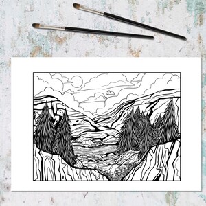 Printable Mountain Landscape Coloring Page for Kids, Teens, Adults, and ...