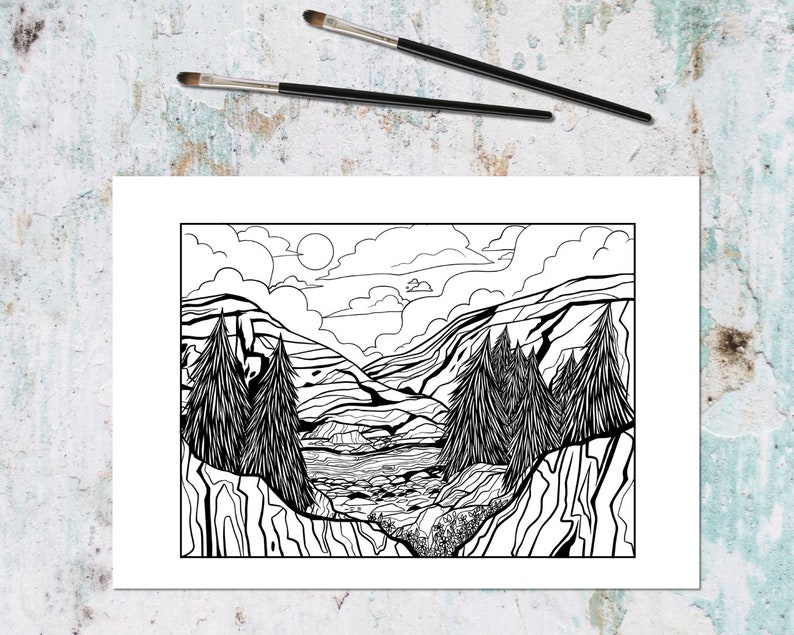 Printable Mountain Landscape Coloring Page for Kids, Teens, Adults, and ...