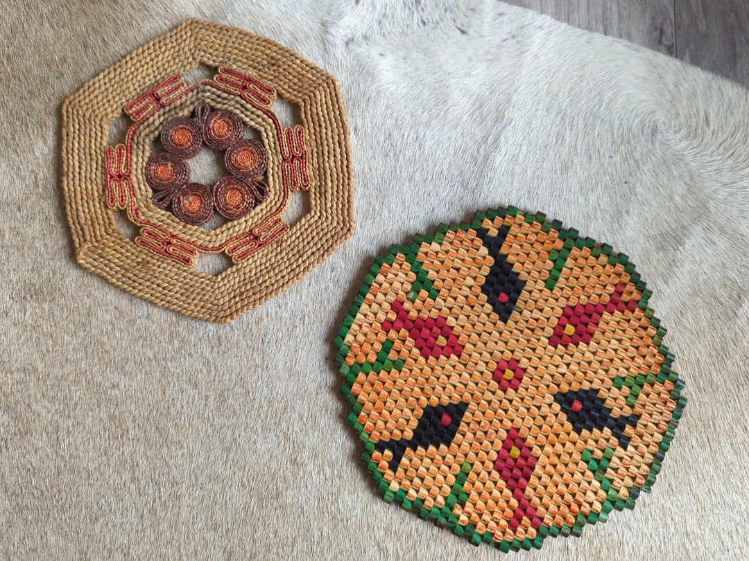 70s Raffia & Beaded Trivets | Vintage Kitchen Decor| Fish and Geometric ...