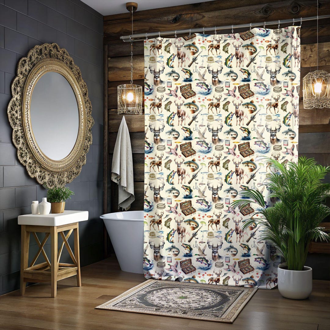 Vintage Hunting Fishing Shower Curtain | Bathroom Decor | Printed ...