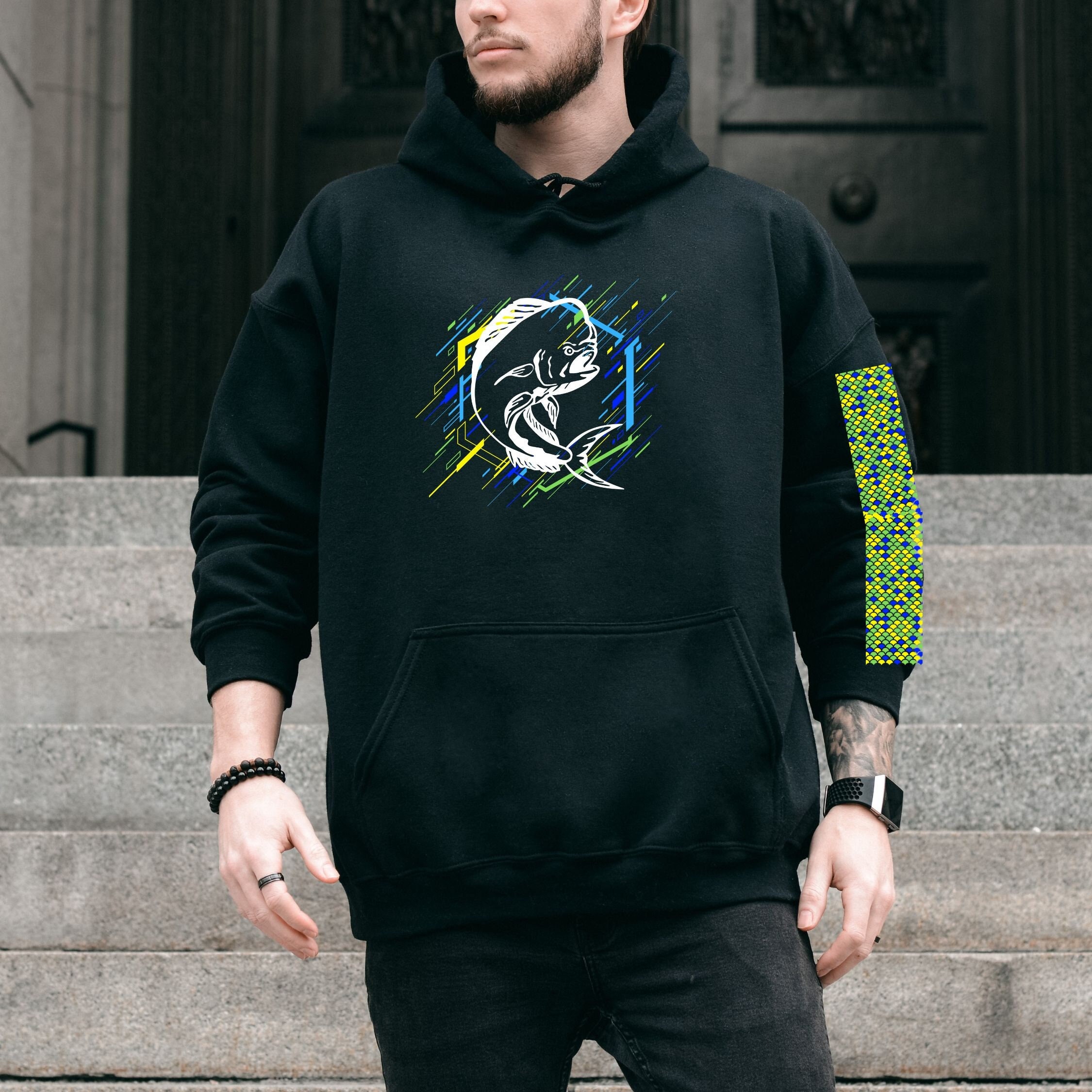 Mahi Color Splash Hoodie Fish Scales Sleeve Print Deep Sea Saltwater ...