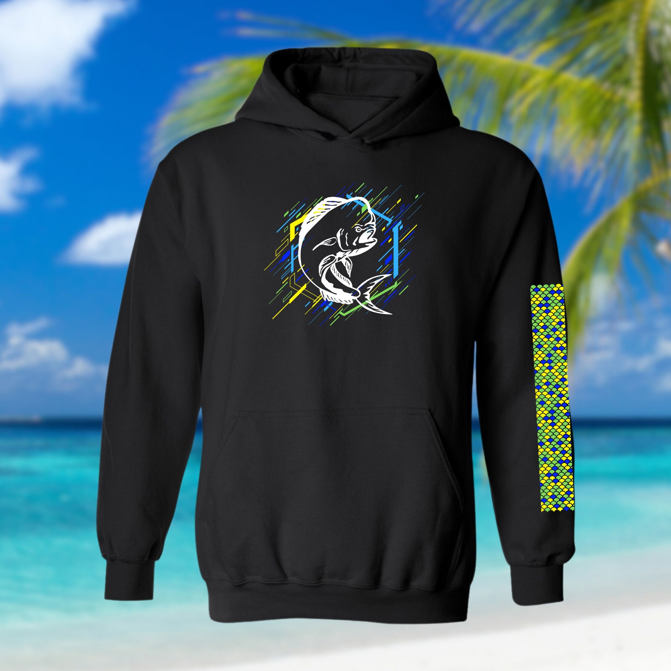 Mahi Color Splash Hoodie Fish Scales Sleeve Print Deep Sea Saltwater ...