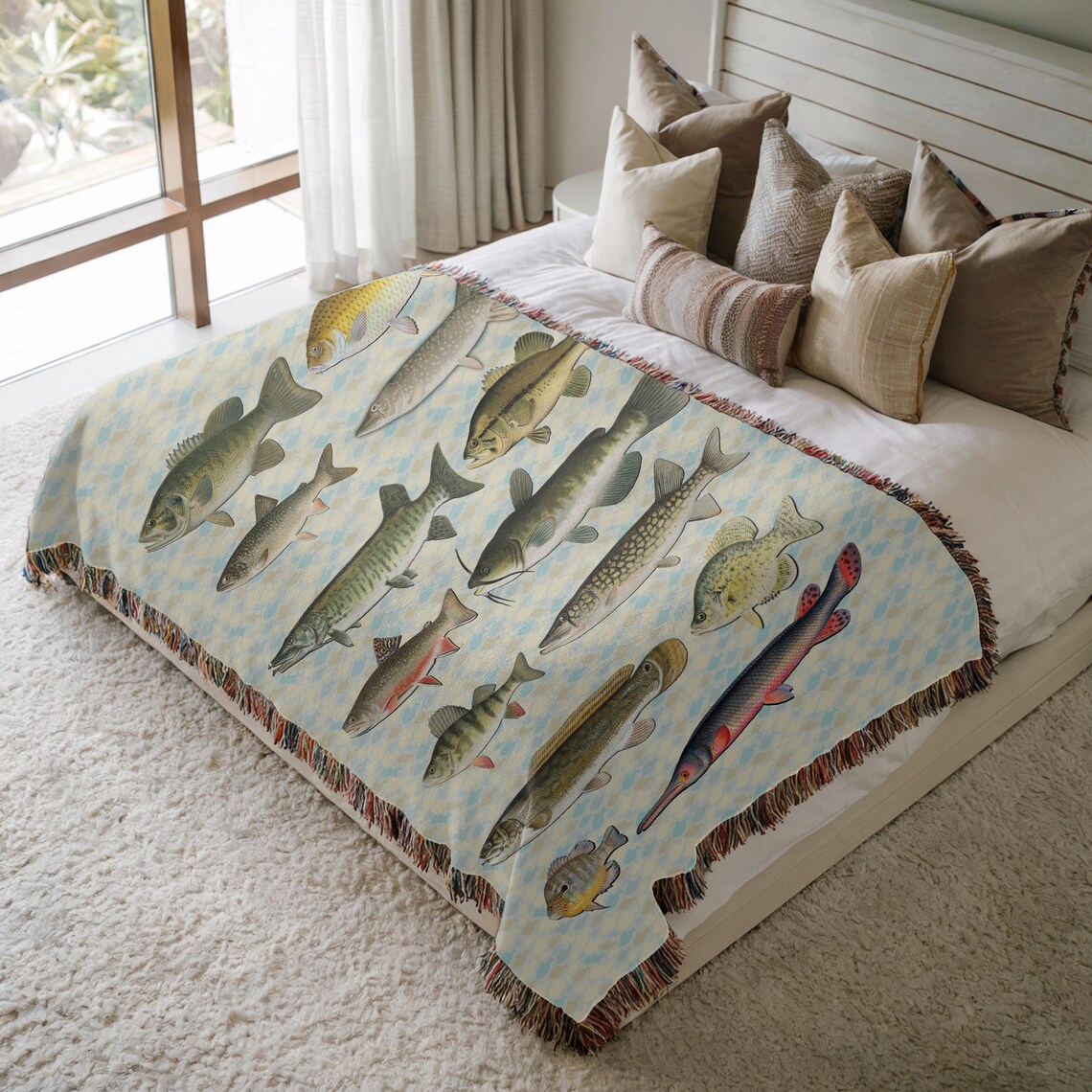 Vintage Freshwater Gamefish Woven Blanket | Rustic Cabin Lodge Decor ...