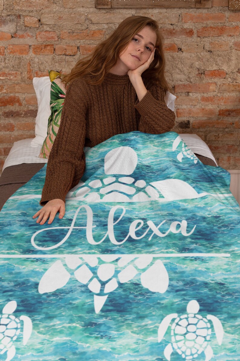 Personalized Sea Turtle Blanket | Customizable Sea Turtle Ocean Waves ...