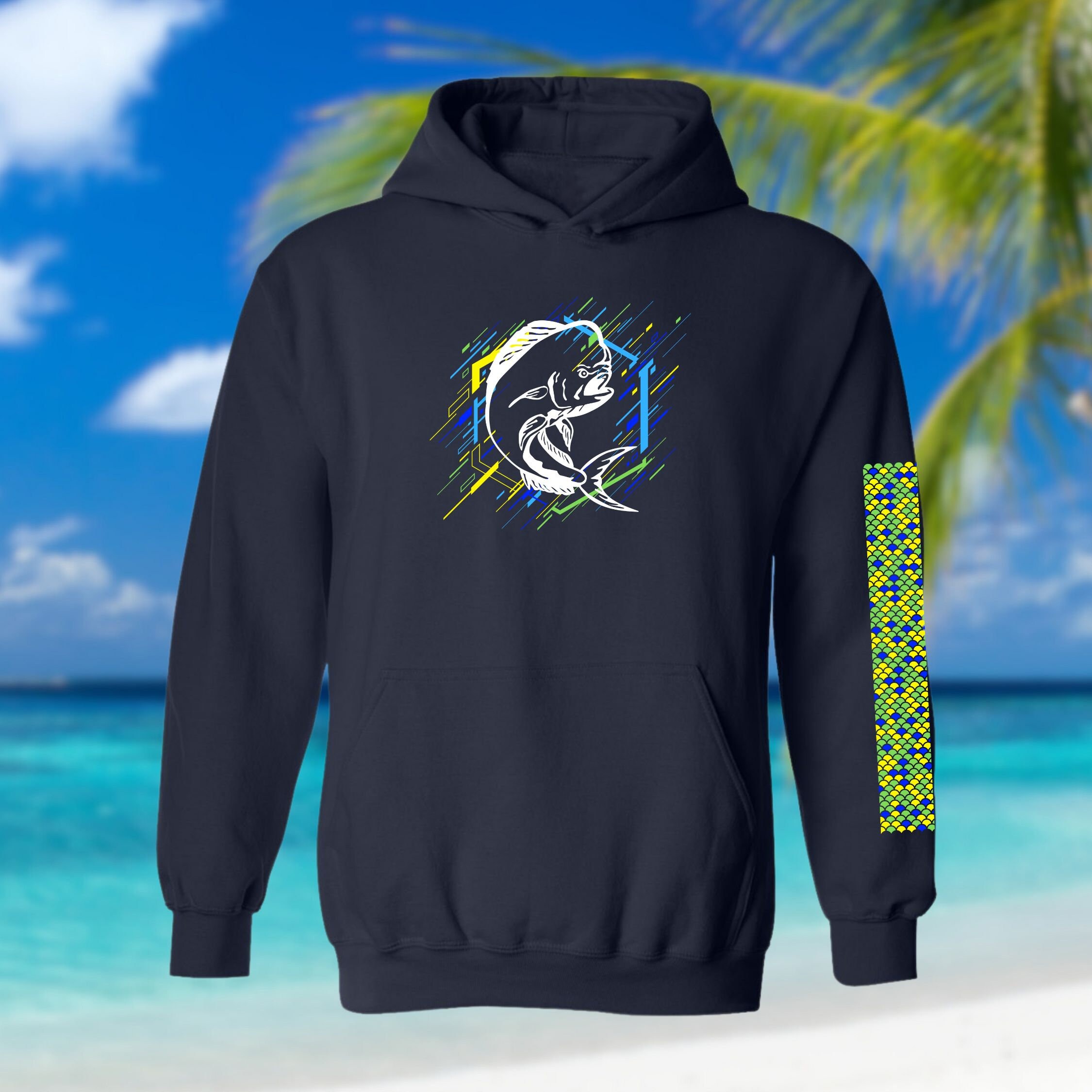 Mahi Color Splash Hoodie Fish Scales Sleeve Print Deep Sea Saltwater ...