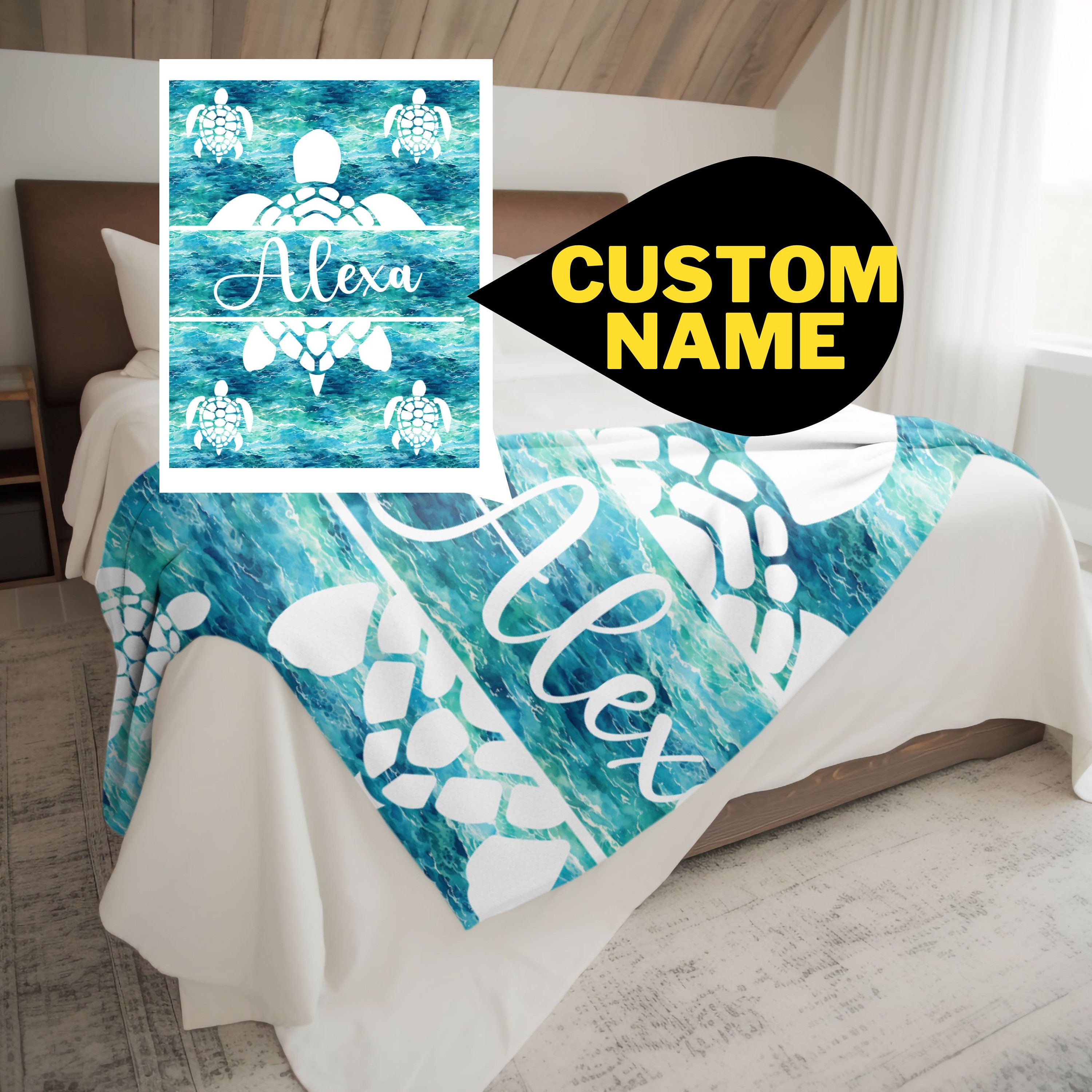 Personalized Sea Turtle Blanket | Customizable Sea Turtle Ocean Waves ...