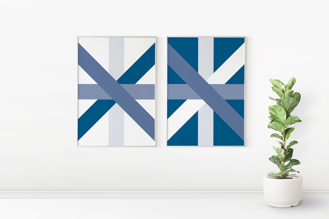 Modern Art Set of 2, Shades of Blue, Color Block, Line Art, Abstract ...