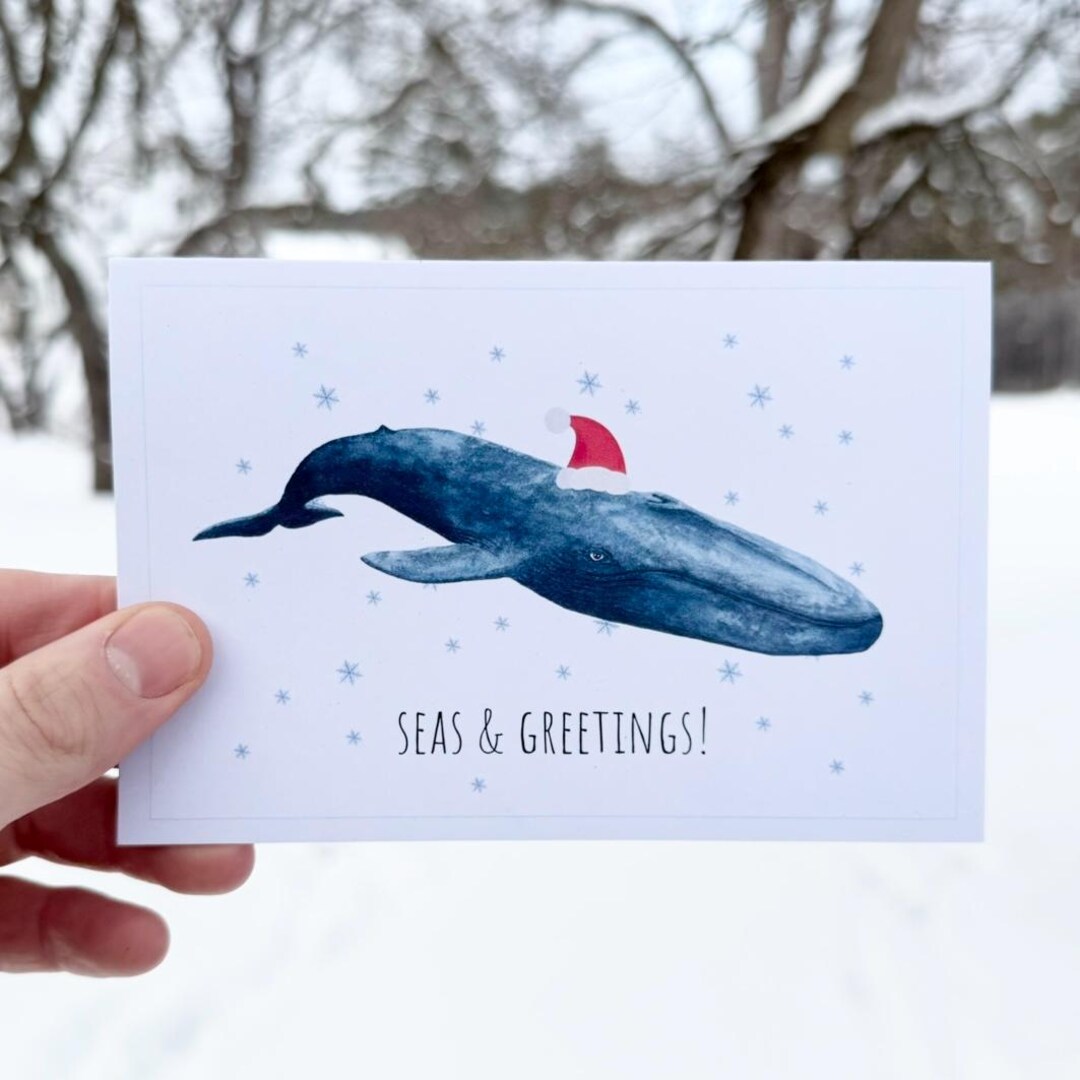 Whale Pun Christmas Card, Blue Whale Holiday Card, Watercolor Whale ...