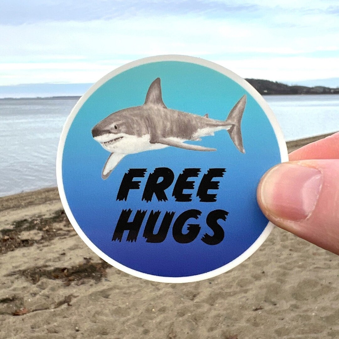 Free Hugs Sticker, Watercolor Great White Shark Sticker, White Shark ...
