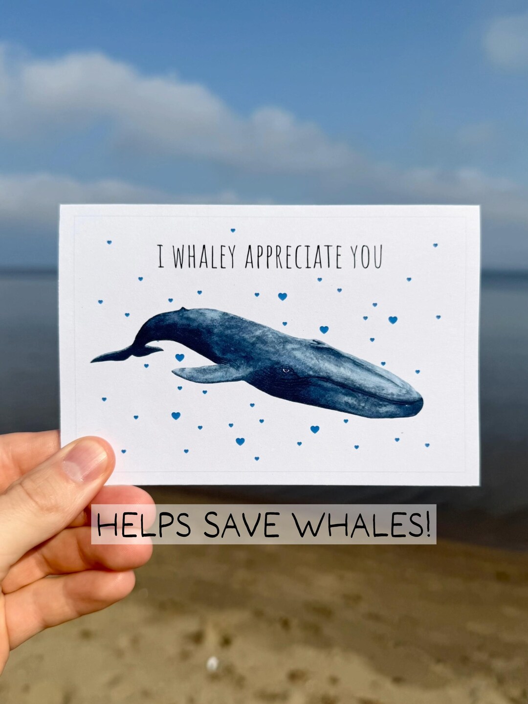 Funny Whale Thank You Card, Ocean Animal Love Card, Watercolor Blue ...