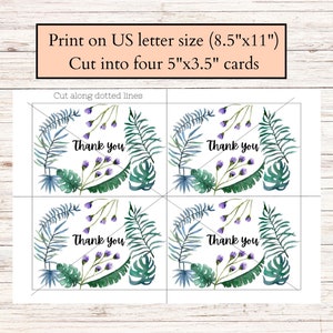 Tropical Leaves Printable Thank You Card Instant Download Purple ...