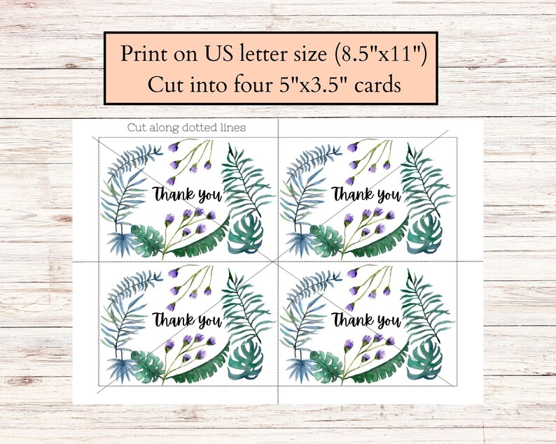 Tropical Leaves Printable Thank You Card Instant Download Purple ...