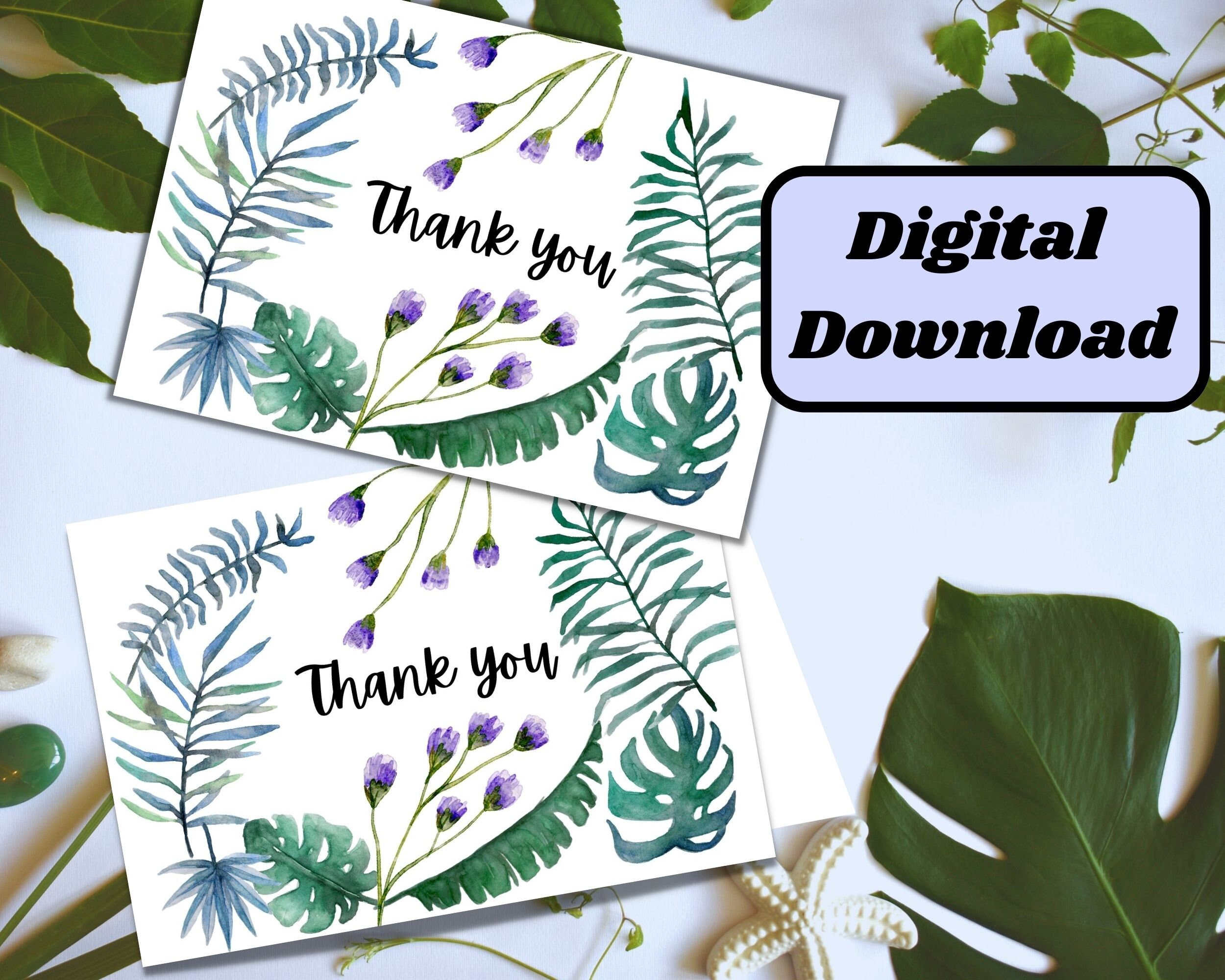 Tropical Leaves Printable Thank You Card Instant Download Purple ...