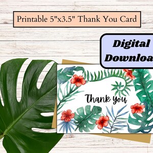 Tropical Leaf Printable Thank You Card Instant Download Red Hibiscus ...