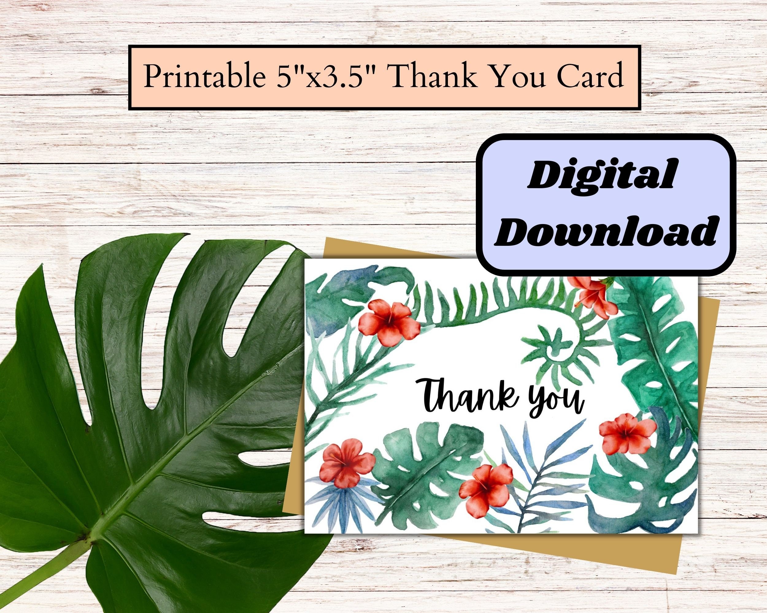 Tropical Leaf Printable Thank You Card Instant Download Red Hibiscus ...