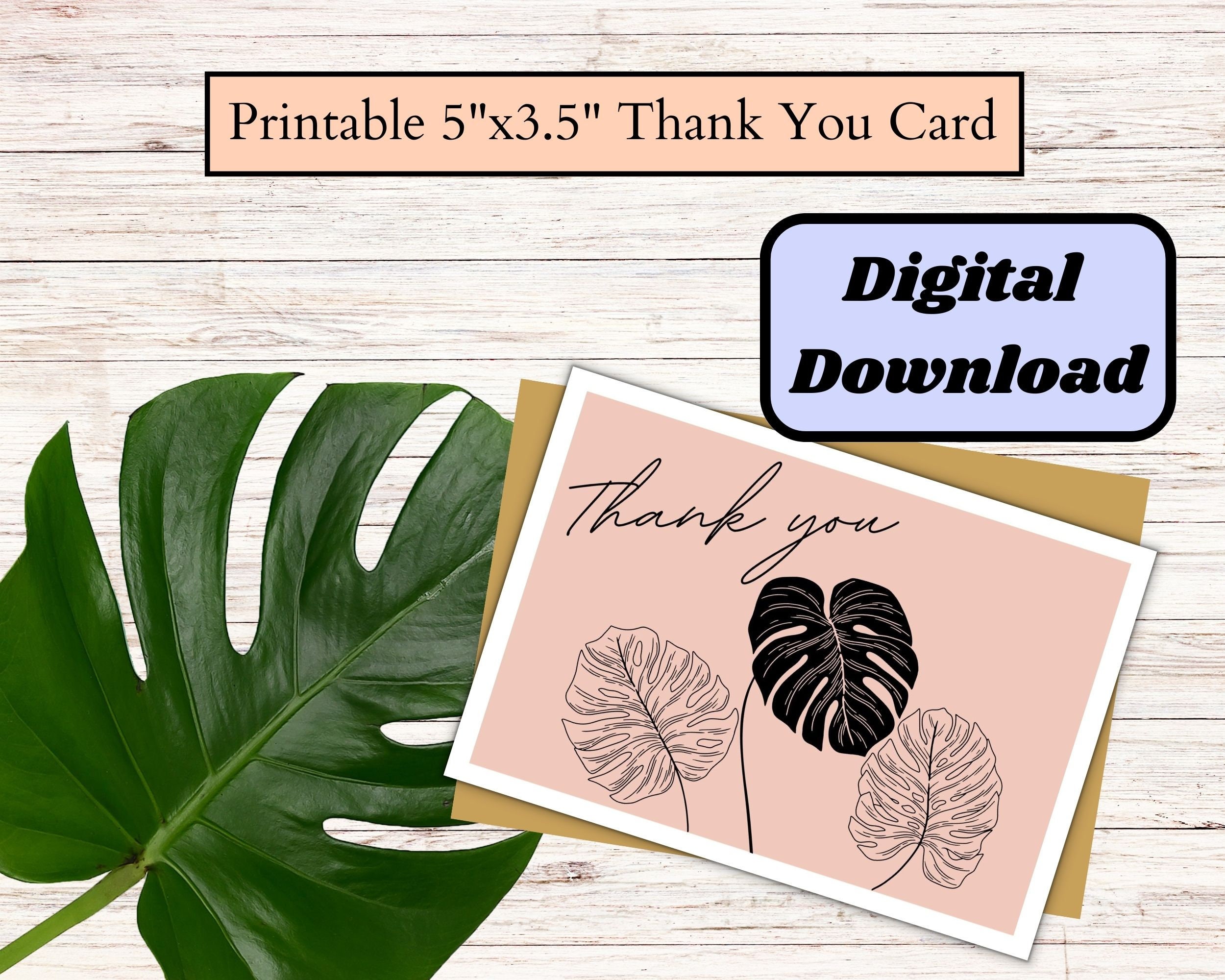 Tropical Leaf Printable Thank You Card Instant Download Pink Monstera ...