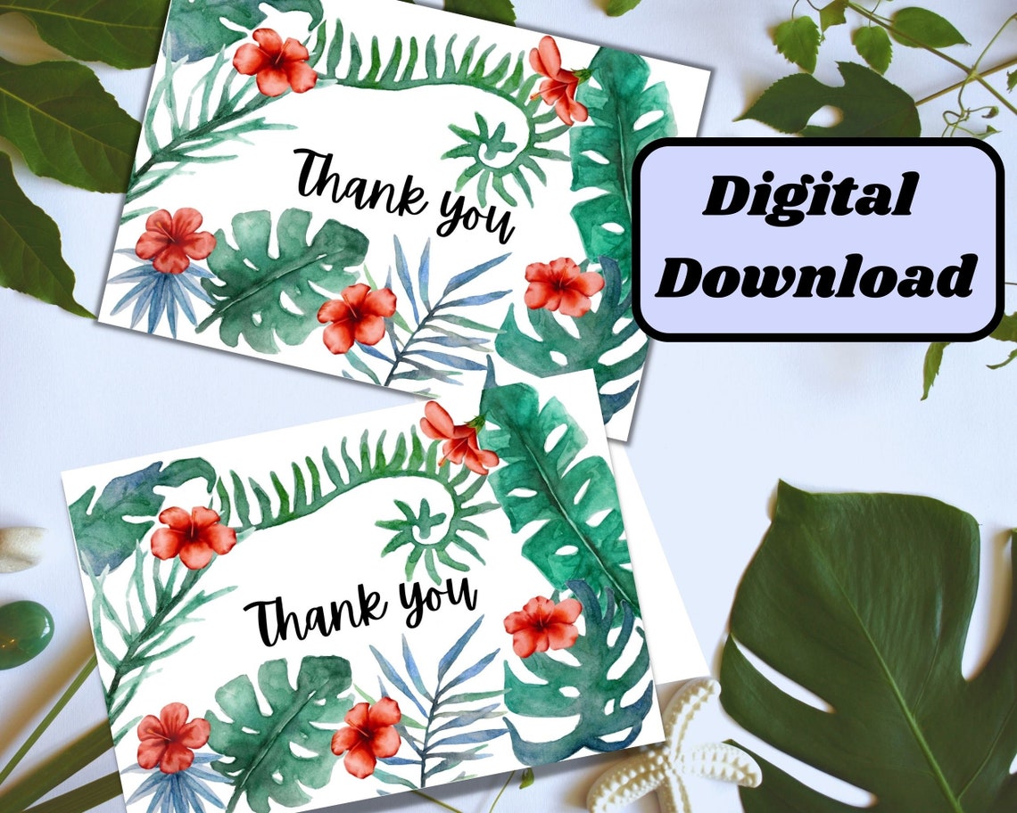 Tropical Leaf Printable Thank You Card Instant Download Red Hibiscus ...