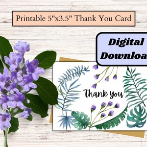Tropical Leaves Printable Thank You Card Instant Download Purple ...