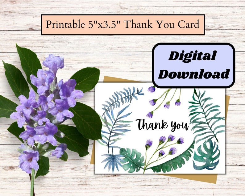 Tropical Leaves Printable Thank You Card Instant Download Purple ...