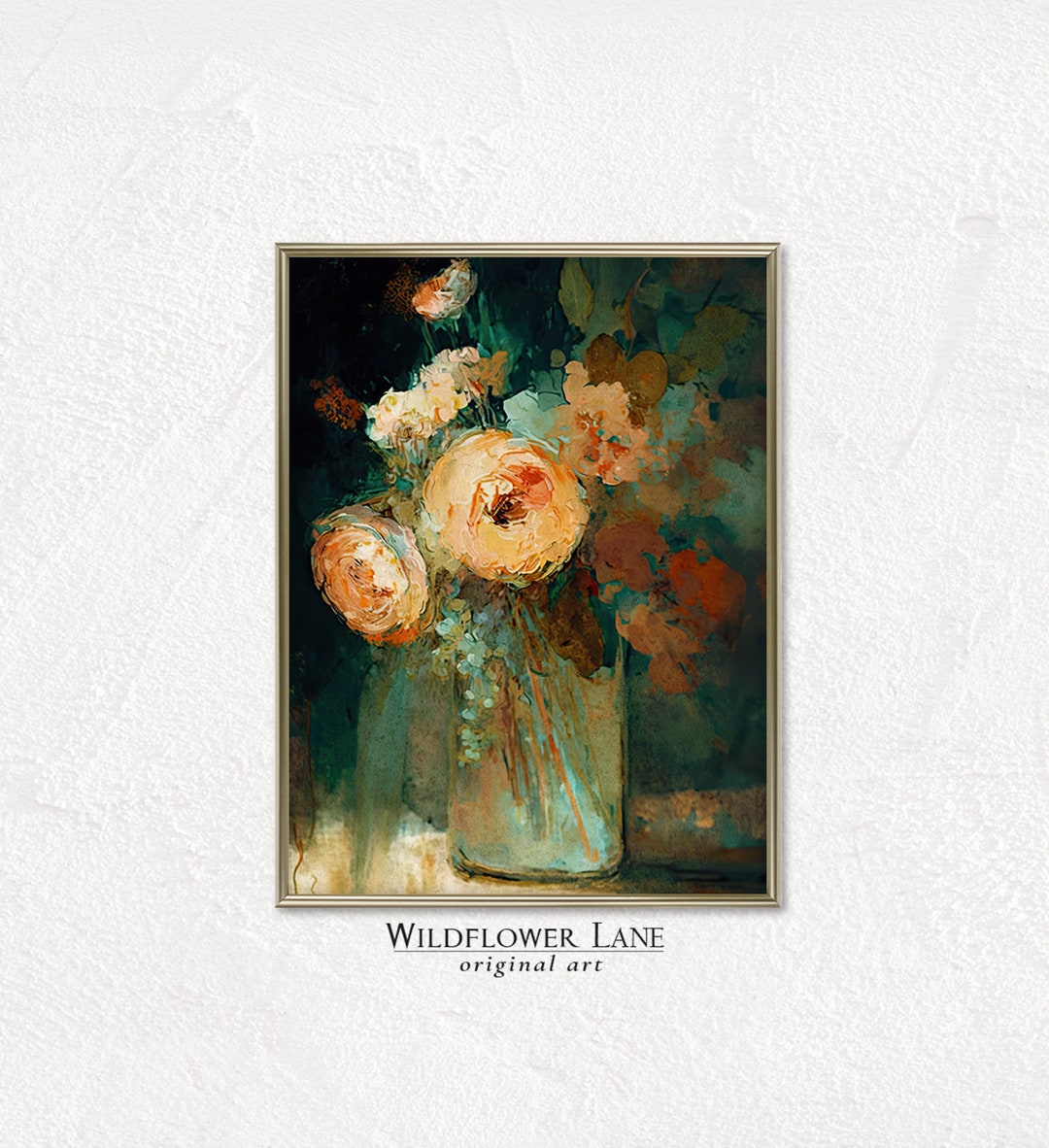 Printable Wall Art - Peach Roses in a Green Glass Vase Set Against a ...