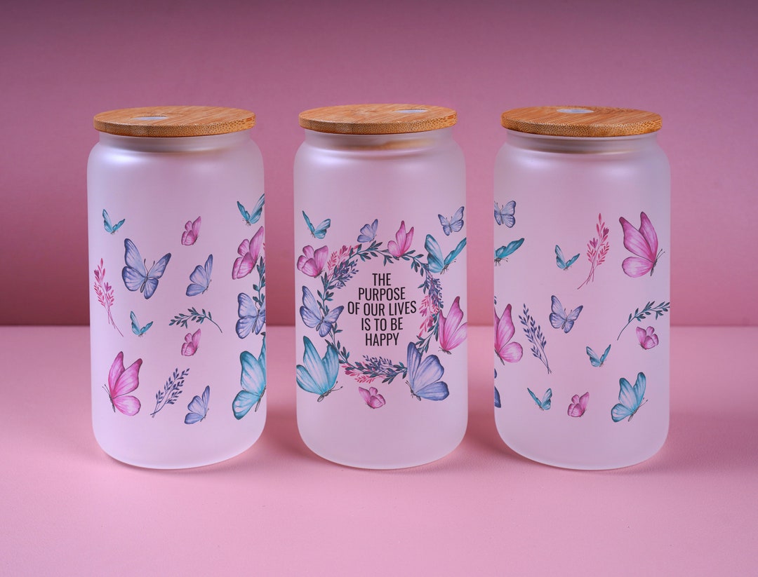 Butterfly Iced Coffee Cup Soda Cup Frosted Glass Can With Bamboo Lid