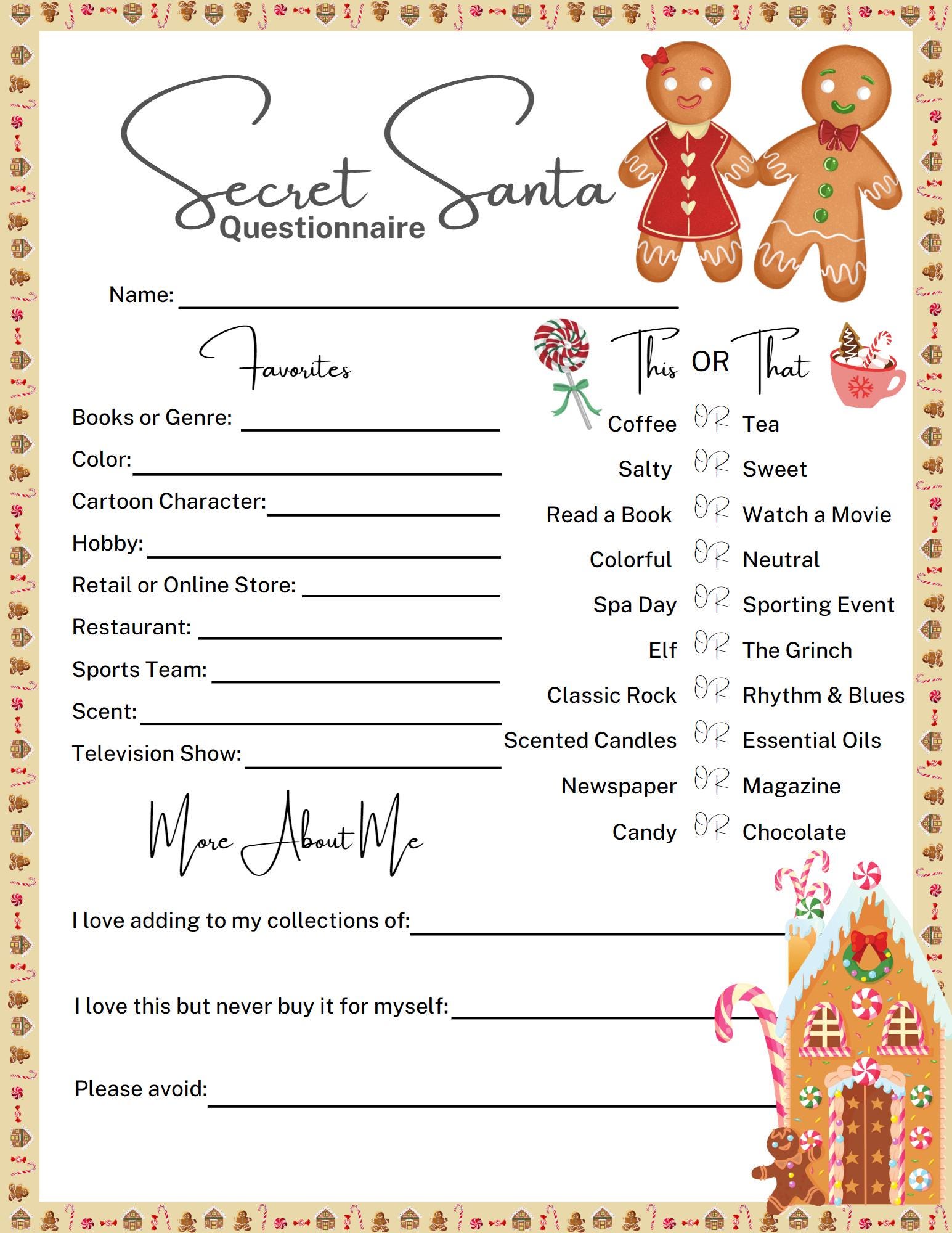 Gingerbread Secret Santa Questionnaire, Fillable and Printable PDF ...