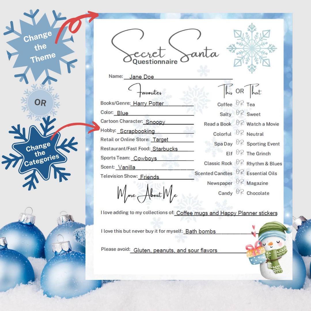Secret Santa Questionnaire, Customized to Order, Christmas Gift ...