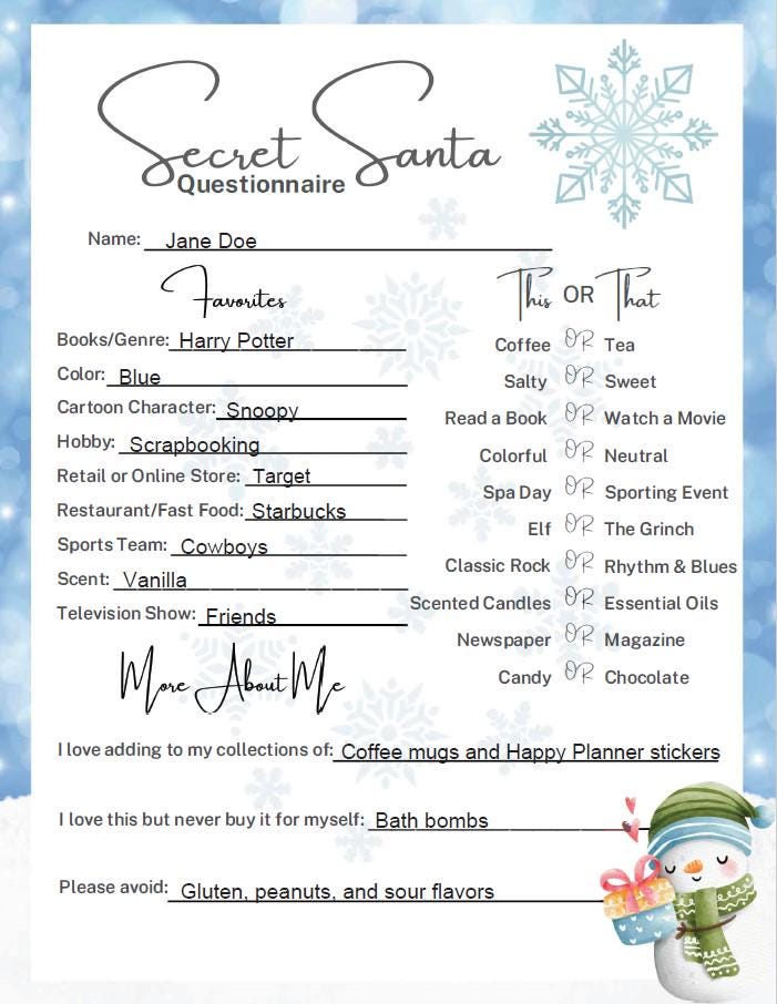 Secret Santa Questionnaire Printable, Fillable Christmas Wish List ...