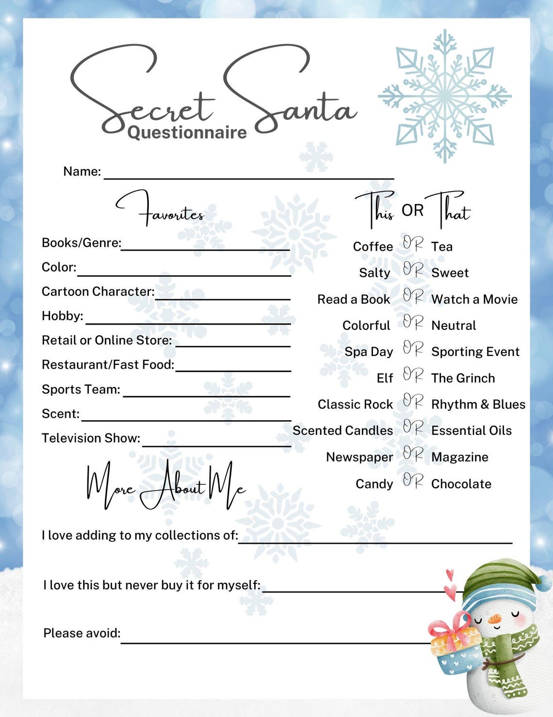 Secret Santa Questionnaire Printable, Printable Wish List, Fillable ...