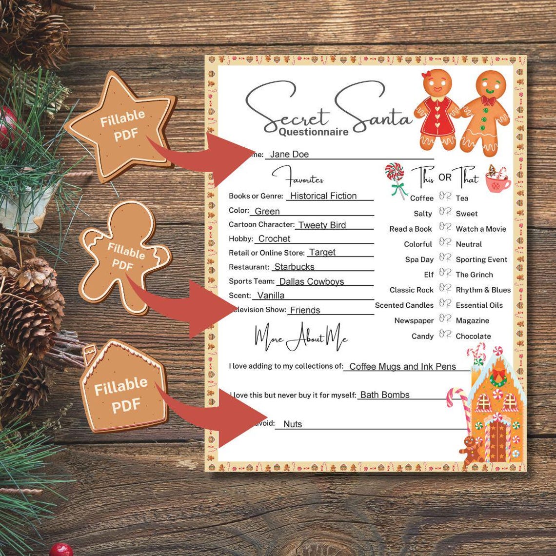Gingerbread Secret Santa Questionnaire: Printable Christmas Wish List ...