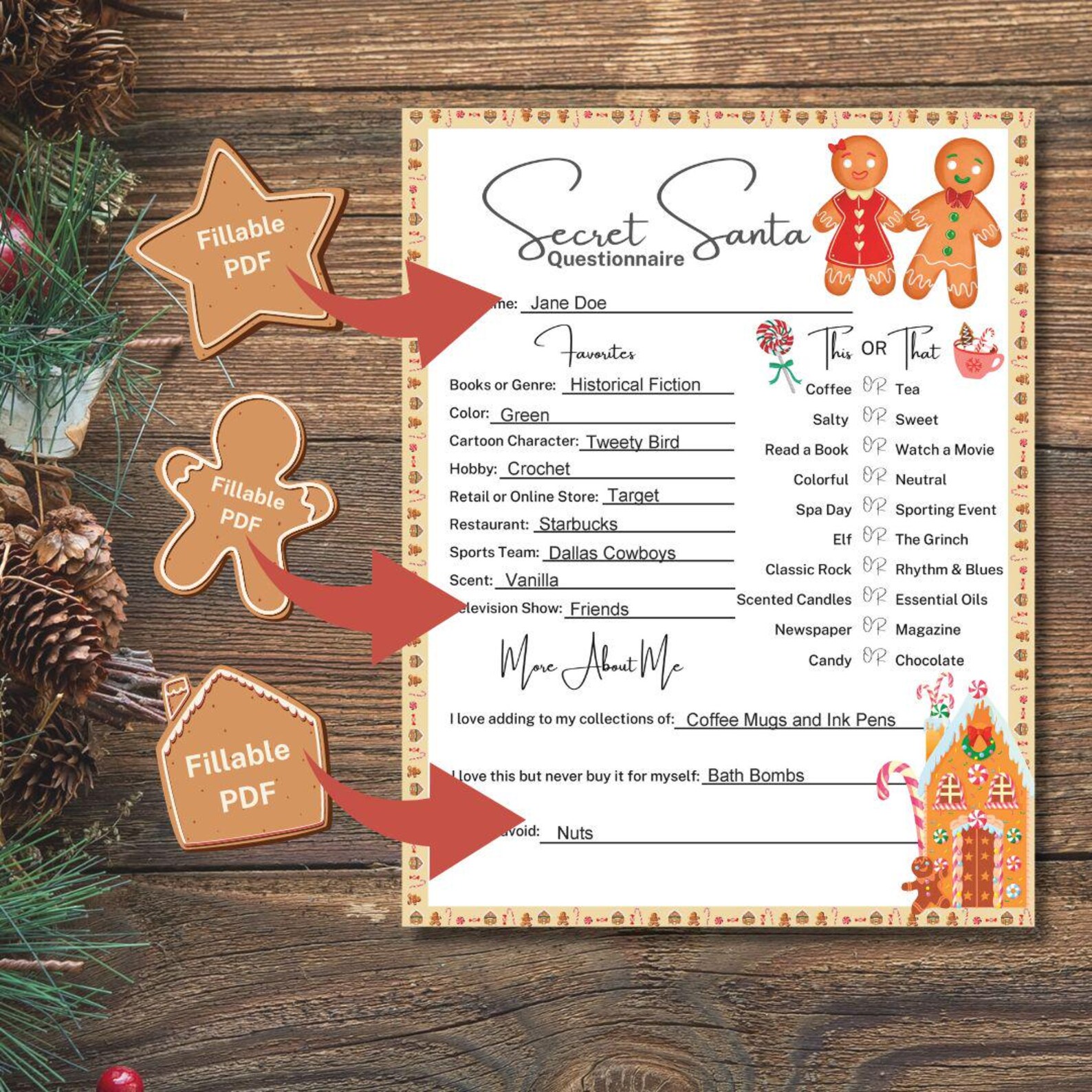 Gingerbread Secret Santa Questionnaire, Fillable and Printable PDF ...
