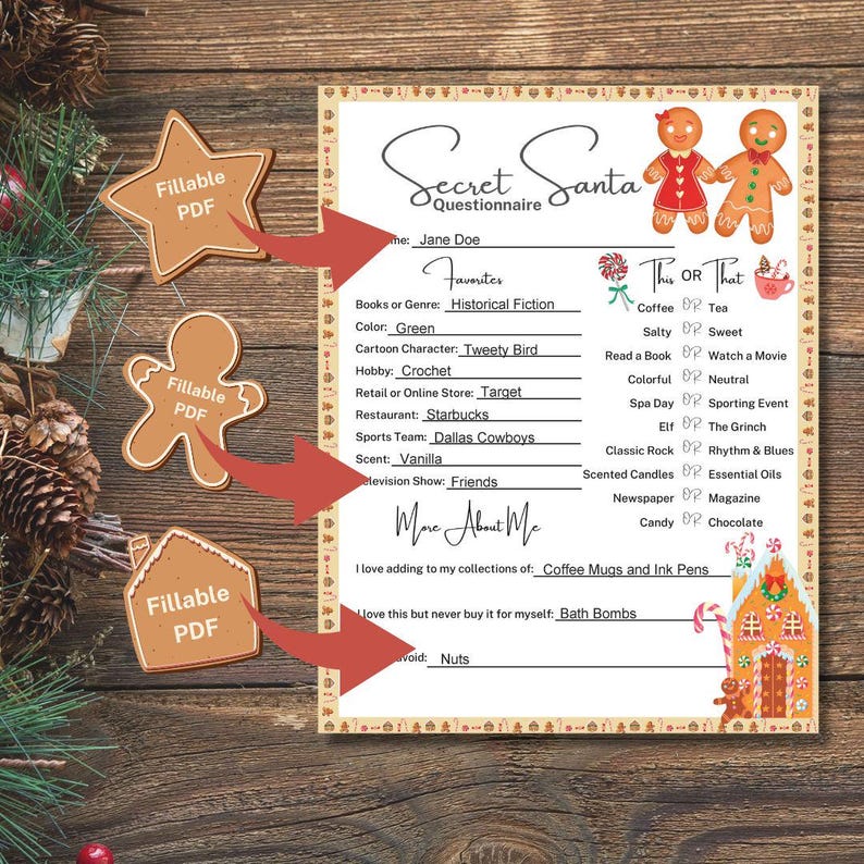 Gingerbread Secret Santa Questionnaire, Fillable and Printable PDF ...