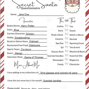 Secret Santa Questionnaire: Fillable Christmas Wish List (printable PDF ...
