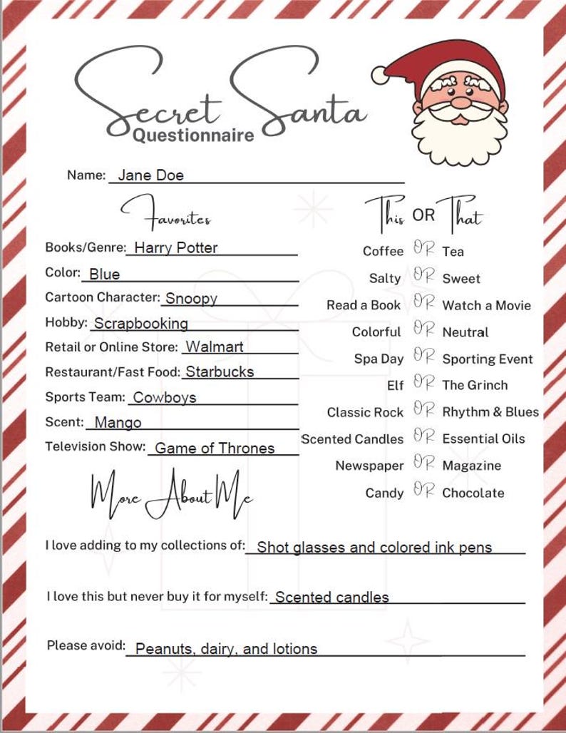 Secret Santa Questionnaire: Fillable Christmas Wish List (printable PDF ...
