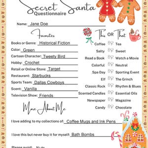 Gingerbread Secret Santa Questionnaire: Printable Christmas Wish List ...