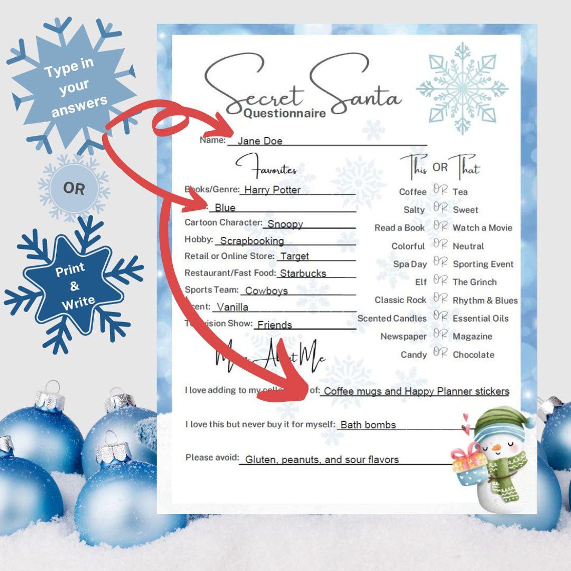 Secret Santa Questionnaire Printable, Printable Wish List, Fillable ...