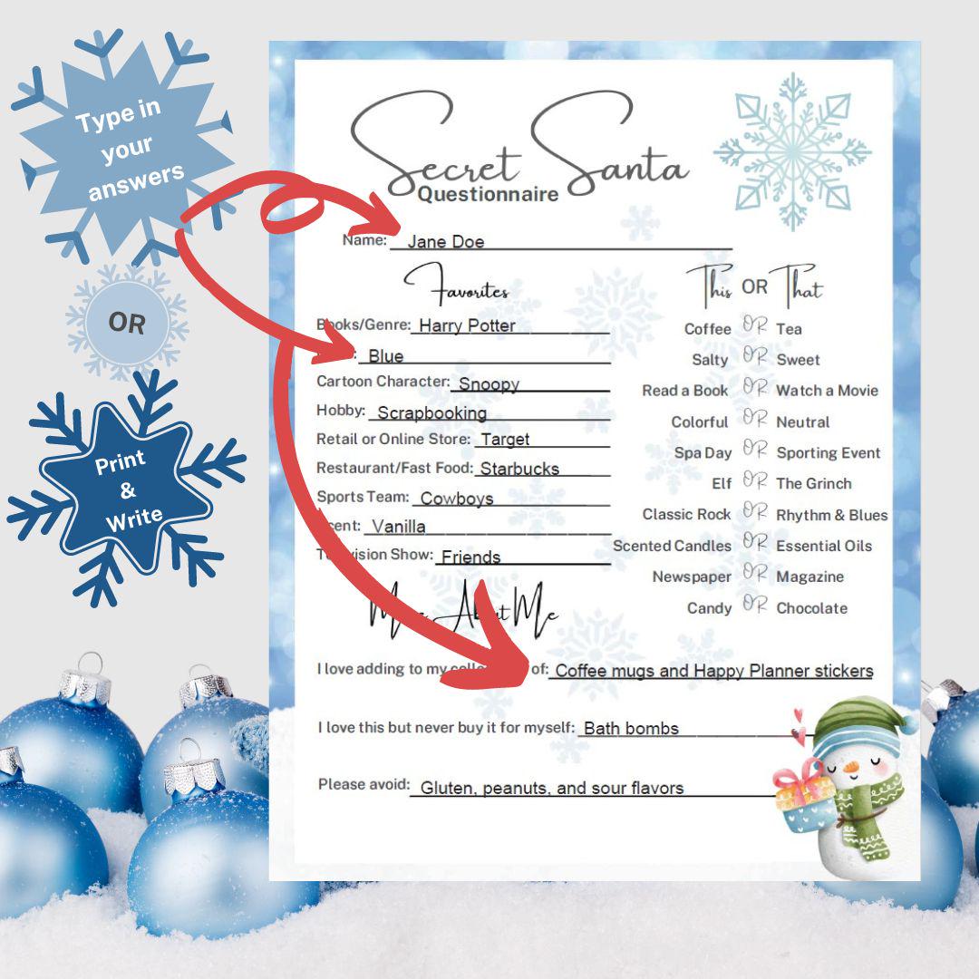 Secret Santa Questionnaire Printable, Printable Wish List, Fillable ...
