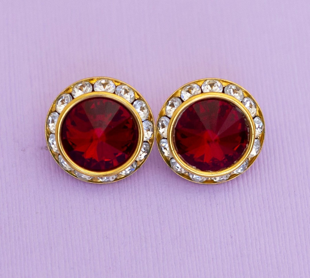 Vintage Red Circular Gem Elegant Rhinestones Gold Tone Stud Earrings ...