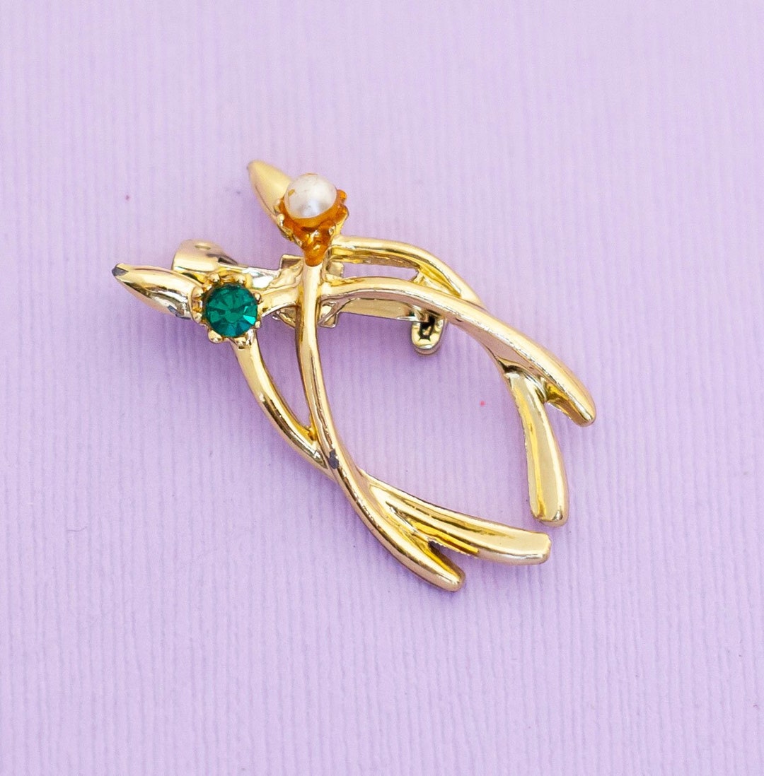 Vintage Gold Tone Double Slingshot Shape Faux Pearl & Rhinestone Brooch ...