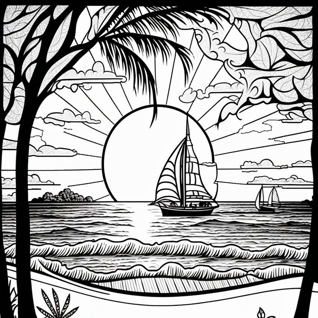 Beach Scene Coloring Pages Bundle 2, PNG Digital Download Pages, Beach ...