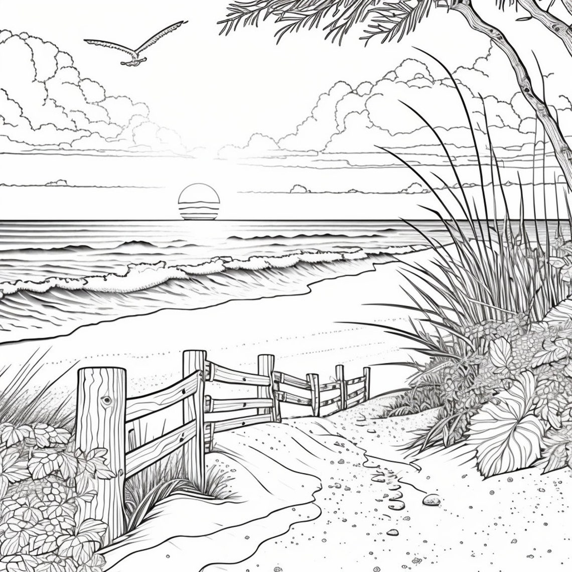 Beach Scene Coloring Pages Bundle 2, PNG Digital Download Pages, Beach ...