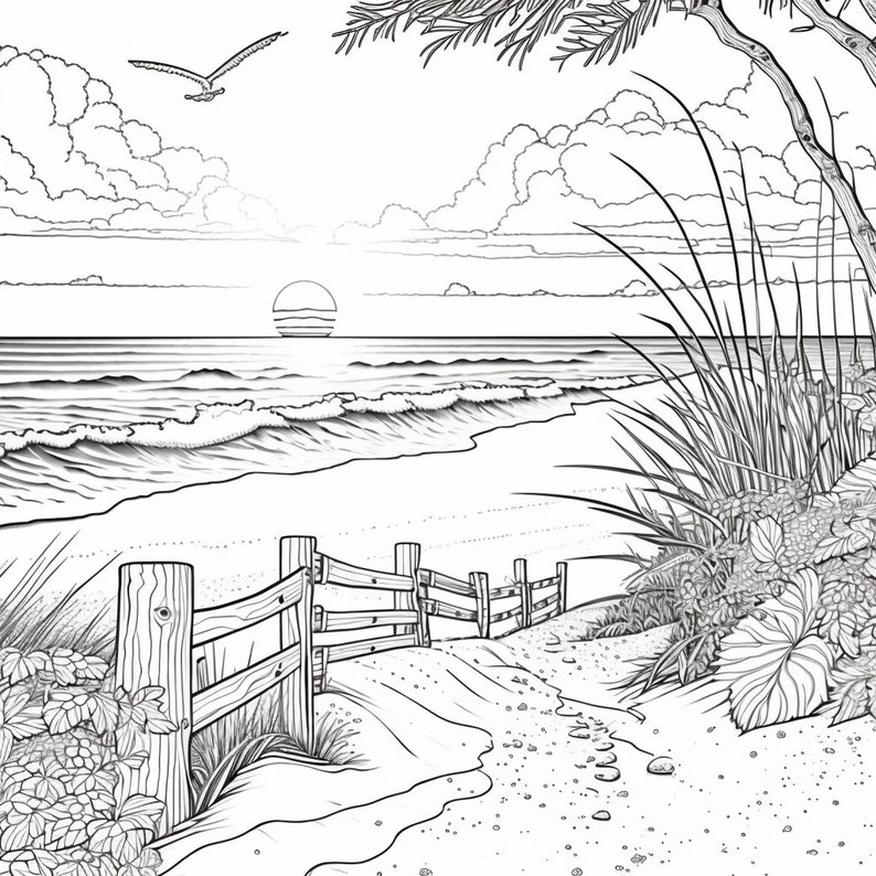 Beach Scene Coloring Pages Bundle #2, PNG Digital Download Pages, Beach ...