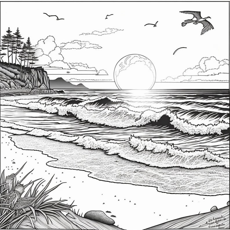 Beach Scene Coloring Pages Bundle #1, PNG Digital Download Pages, Beach ...