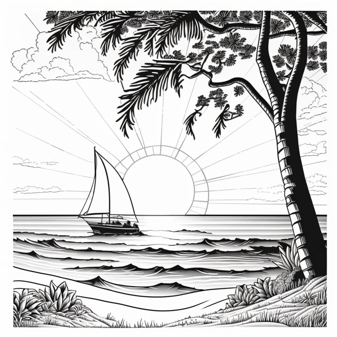 Beach Scene Coloring Pages Bundle 2, PNG Digital Download Pages, Beach ...